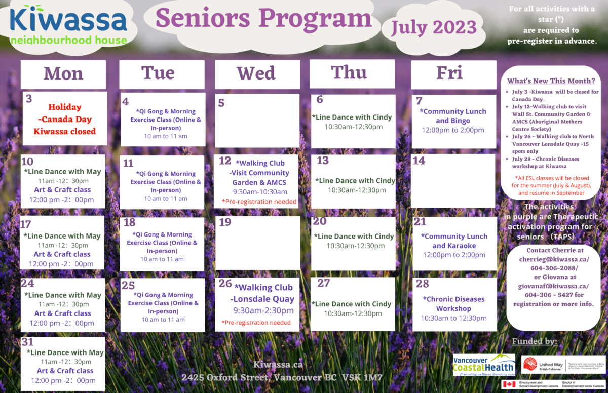 English July Calendar - Kiwassa Neighbourhood House