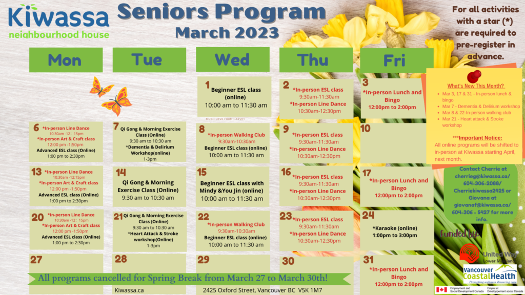 English March Calendar - Kiwassa Neighbourhood House